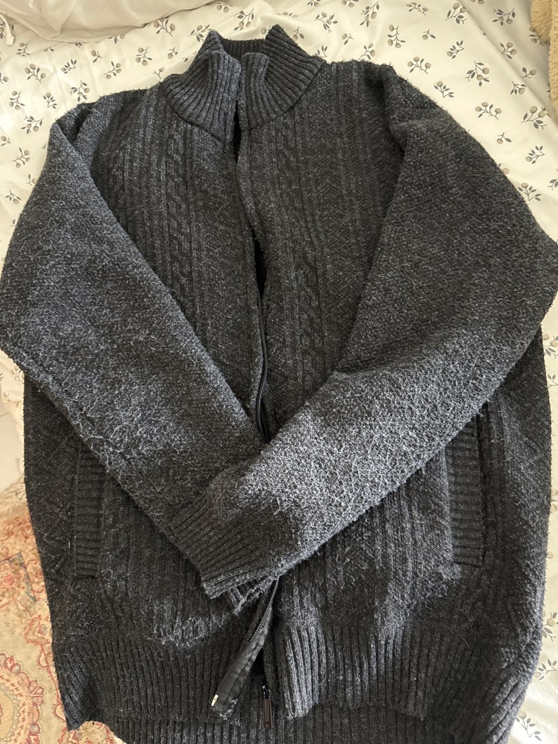 Men's Dark Grey Cable Knit Zip-Up Cardigan, Men's Fashion, Coats ...