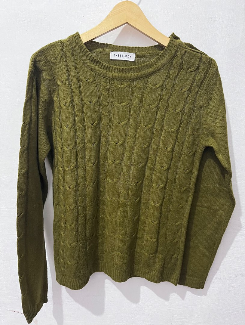 Sweater cable knit rajut the steddy warna army, Fesyen Wanita, Pakaian ...