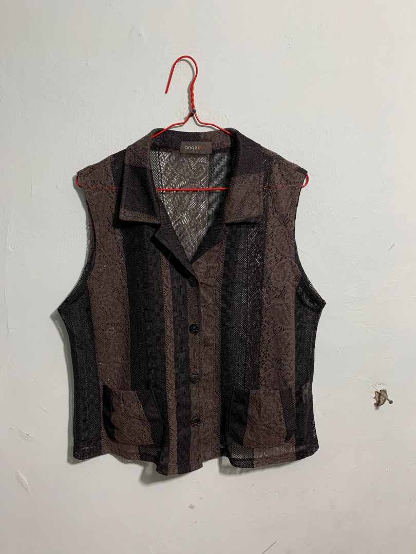 Vest Rompi Lace Brokat Brukat Hitam Cokelat, Fesyen Wanita, Pakaian ...