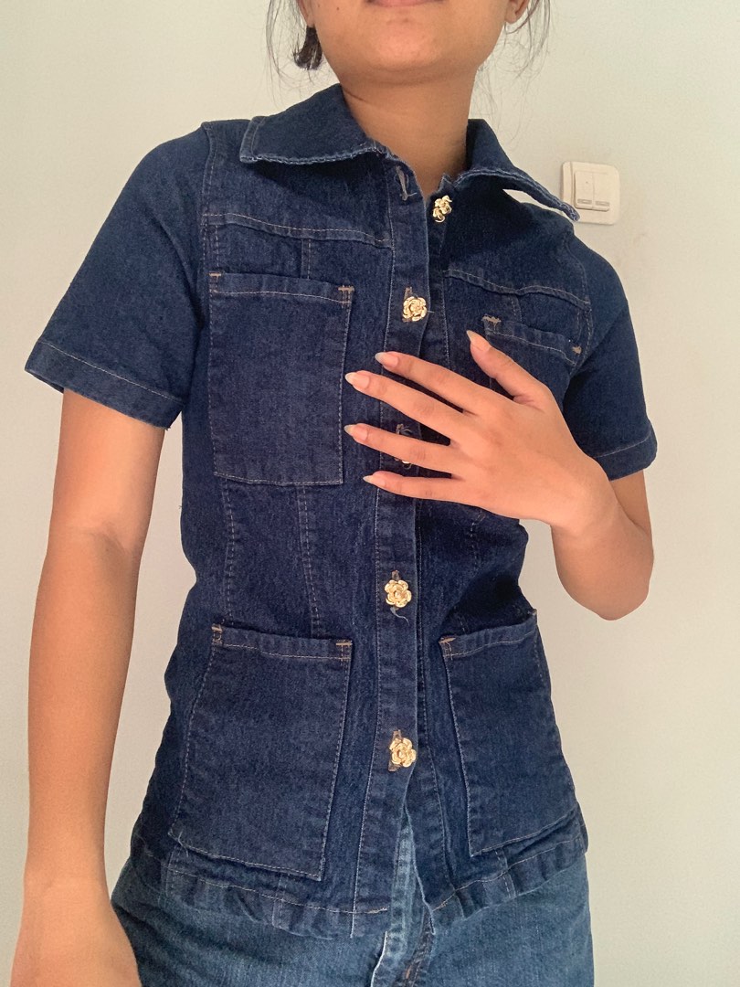 East Rose Shea Denim Sleevless Top, Fesyen Wanita, Pakaian Wanita, Atasan di Carousell