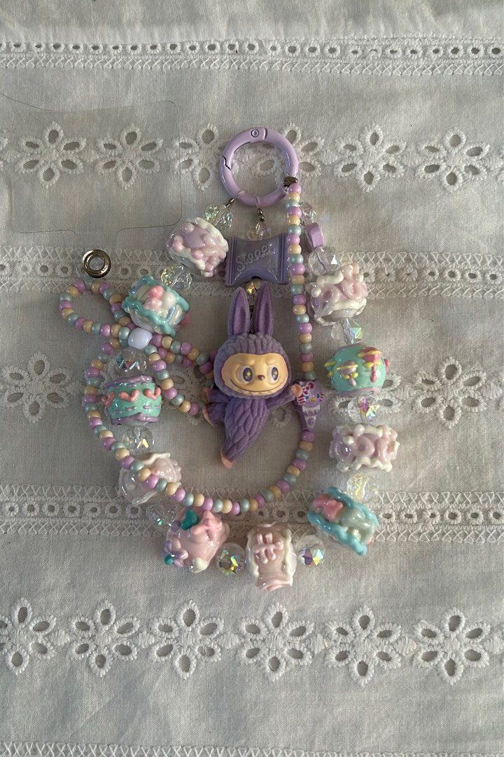 Labubu bag charm / handphone strap POPMART POPBEAN purple lazy yoga ...
