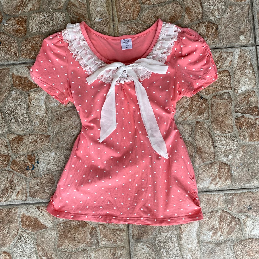 liz liza inspired lacey pink polka dots ribbon top coquette shoujo ...