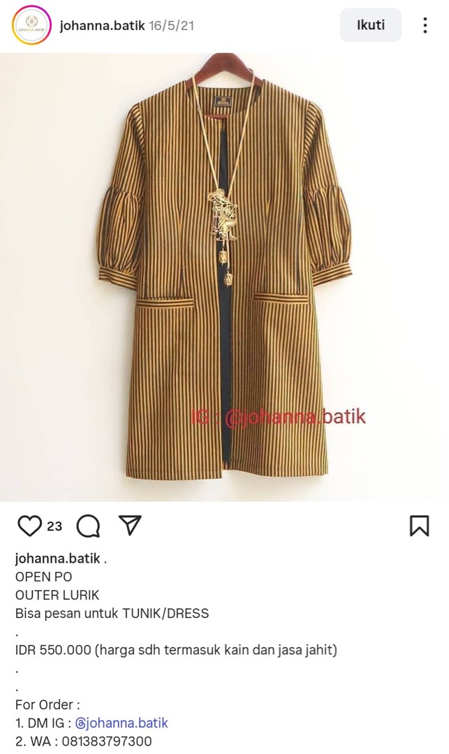 Outer Lurik Johanna Batik, Fesyen Wanita, Pakaian Wanita, Baju Luaran ...