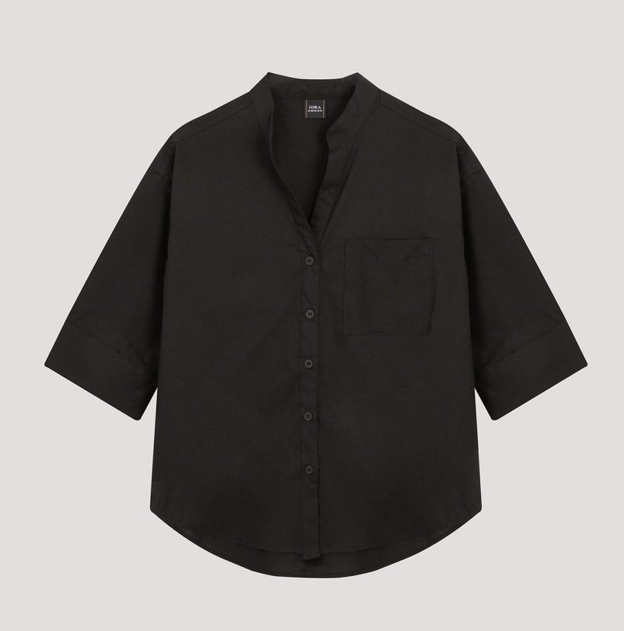 iORA Boxy Black with Mandarin Collar and Pocket Half Sleeves Buttoned Shirt Blouse Top, Women's ...