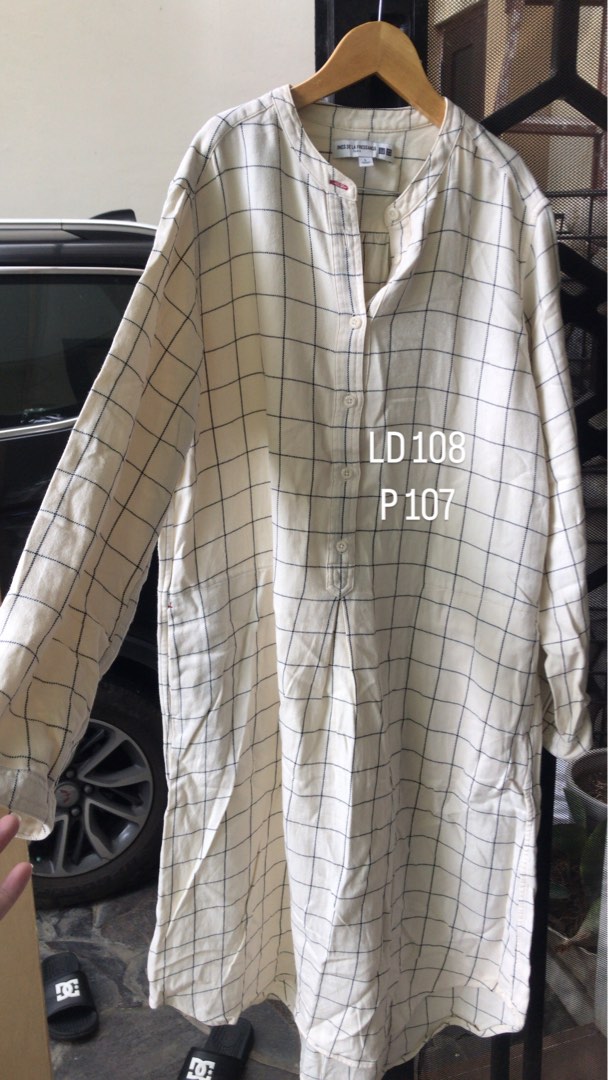 Kotak-kotak midi shirt dress katun uniqlo x ines de la fressange shirt ...