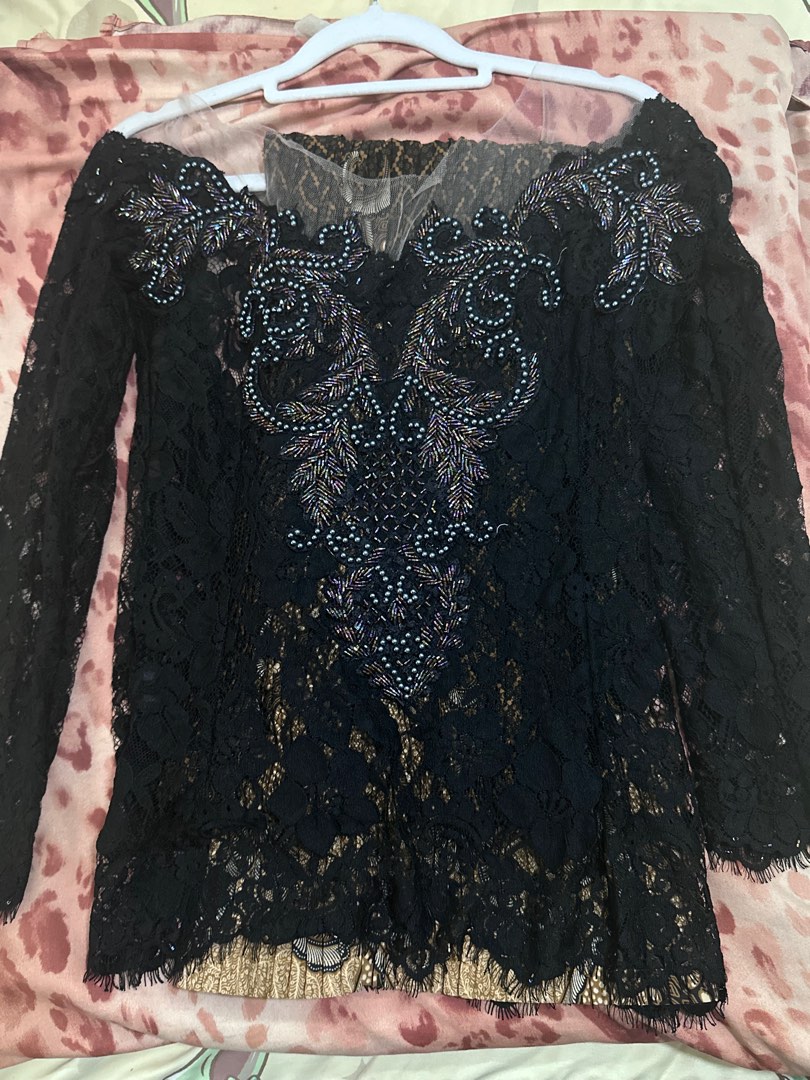 Mozaic kebaya black laced off shoulder, Women's Fashion, Tops, Other ...