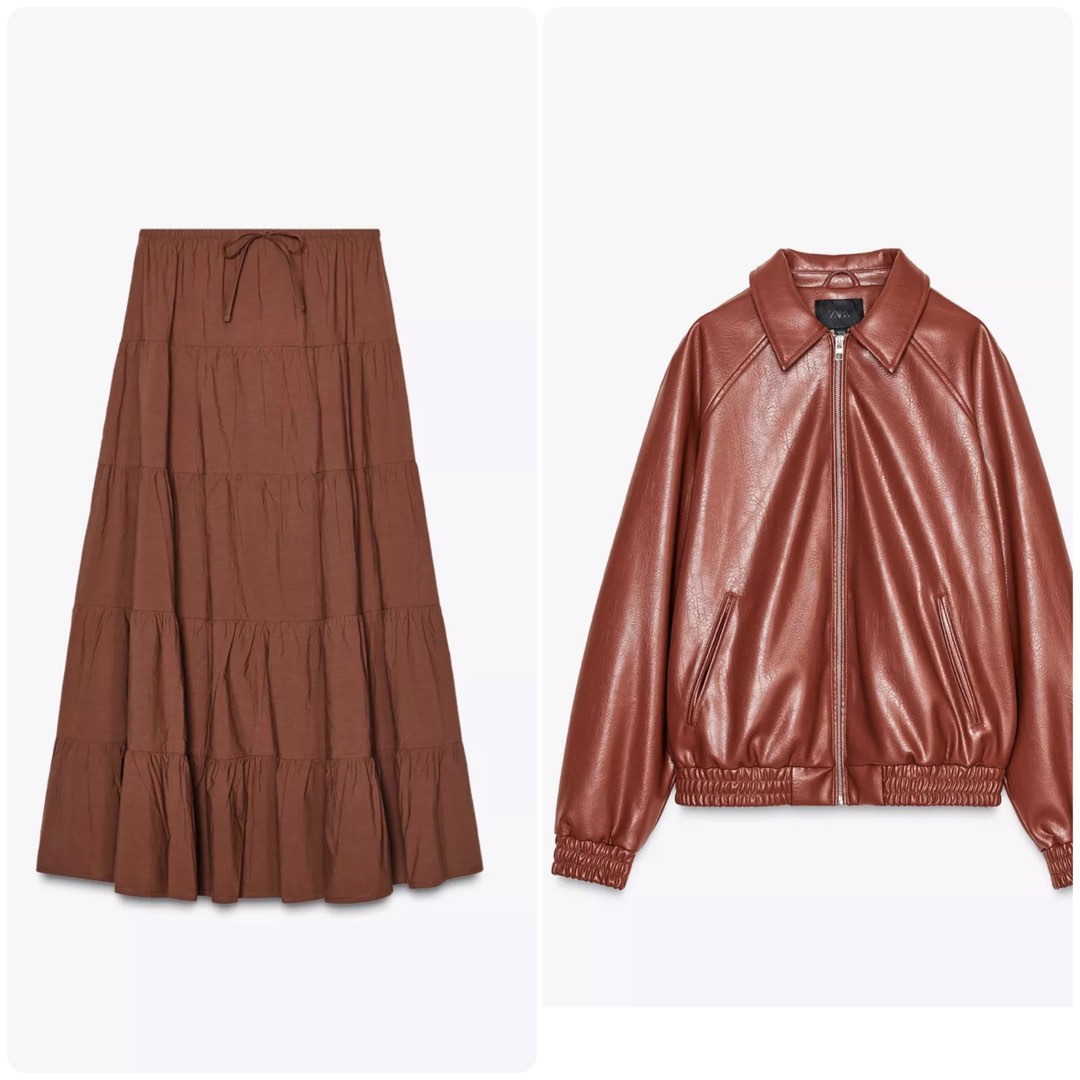 Zara Chocolate Brown Coords Set Paneled Midi Skirt and Leatherette ...