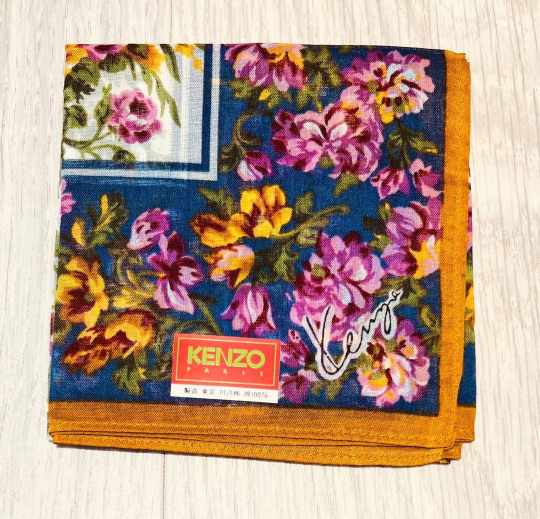全新日本製KENZO花草圖案方框邊手帕巾100%棉, 她的時尚, 手錶及配件, 圍巾、絲巾在旋轉拍賣