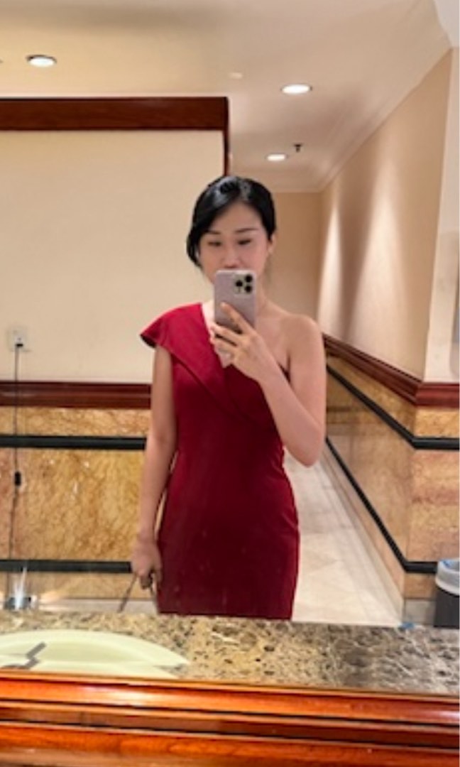 One shoulder Red Long Dress Preen & Proper HK, Fesyen Wanita, Pakaian ...