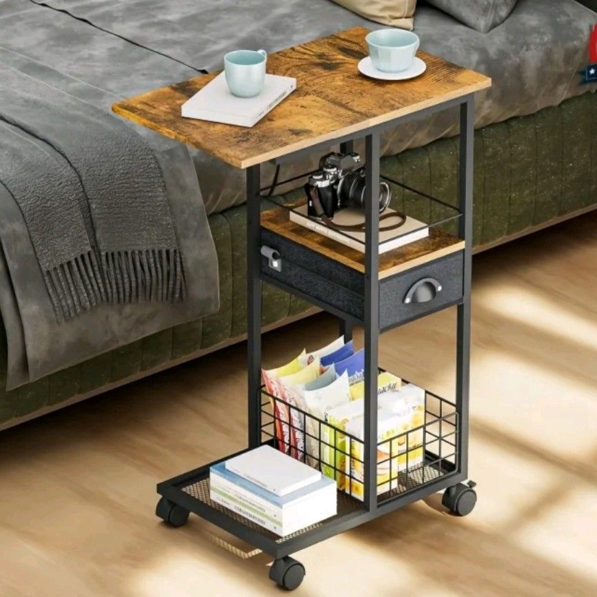 Rolling Side Table | Trolley Table With Drawer | Bedside Table With ...