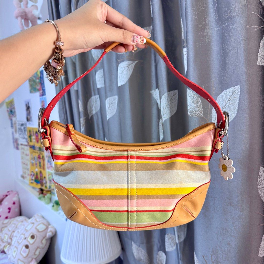 Vintage Coach Soho Hampton Half Moon Multi Color Striped Daisy Hand bag ...