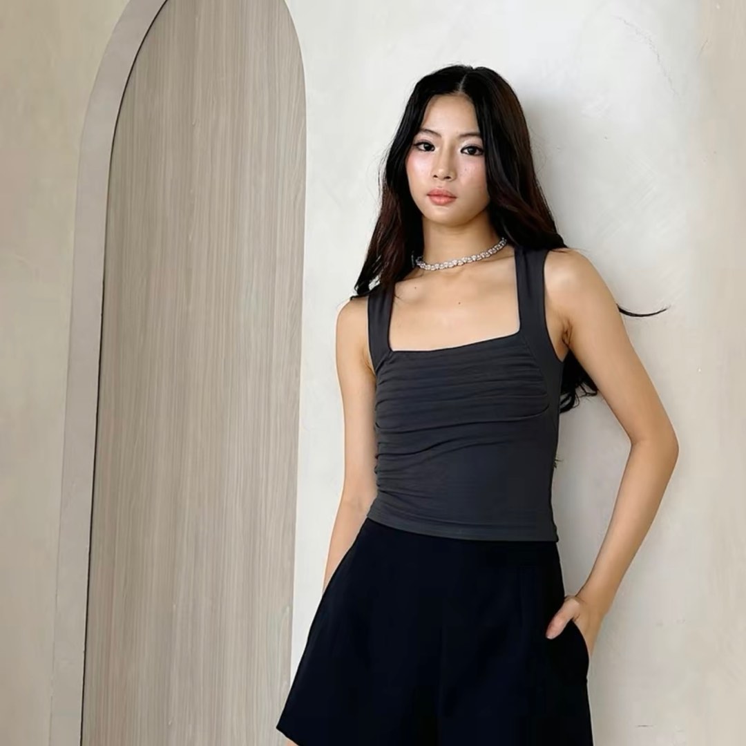 (BARE/BASIC) Ashley V4 Padded Ruched Top in Dark Grey, Women's Fashion ...