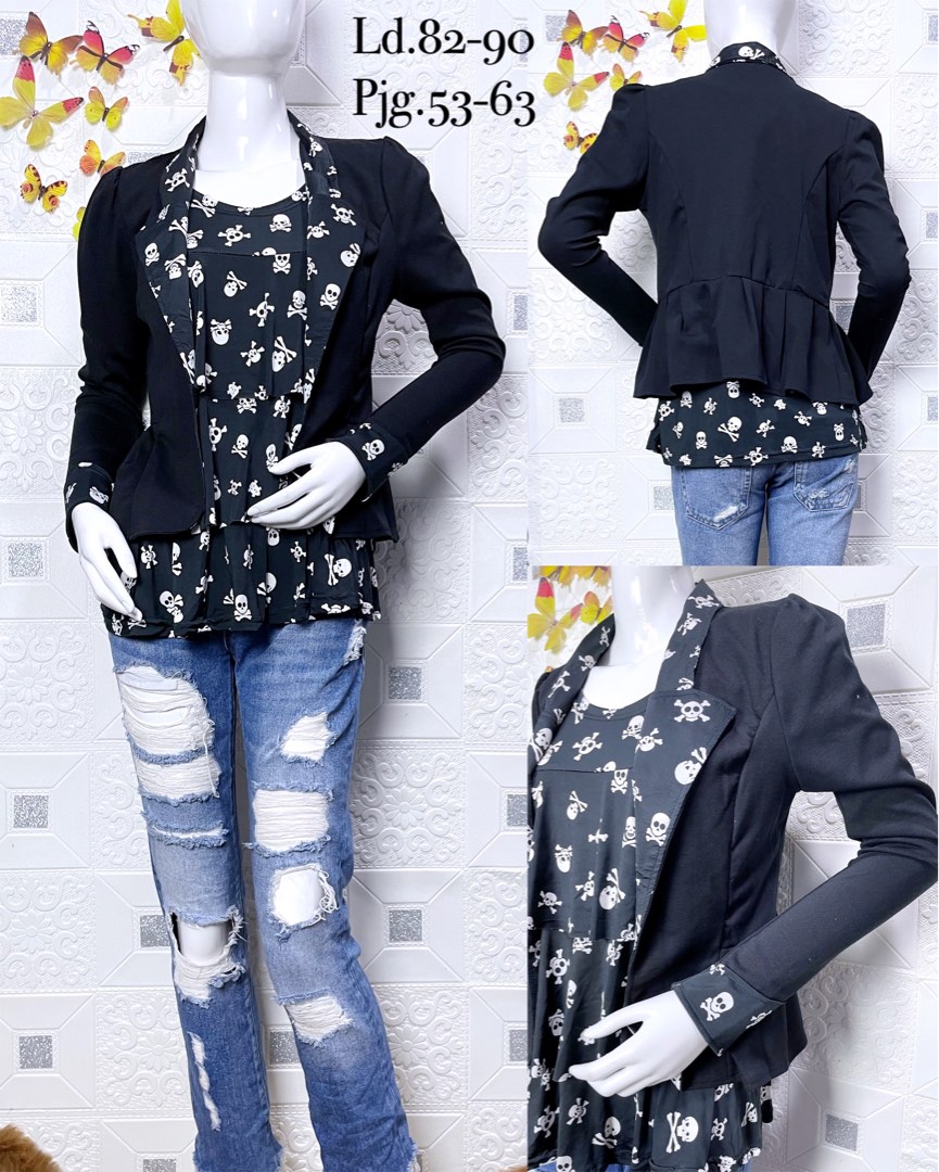 Set 2pca skull, Fesyen Wanita, Pakaian Wanita, Atasan di Carousell