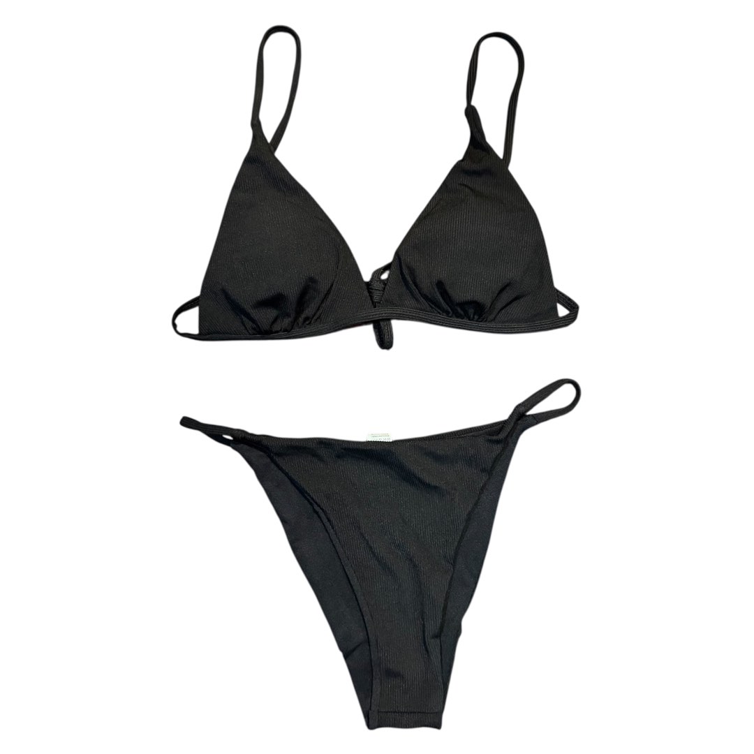 BANGKOK Classic black ribbed knit triangle string two piece chic bikini ...