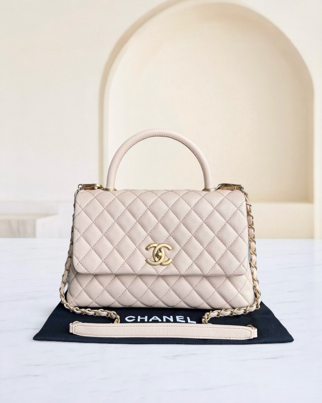 Chanel Coco Handle Medium - Caviar Quilted Grained Calfskin Beige Gold ...