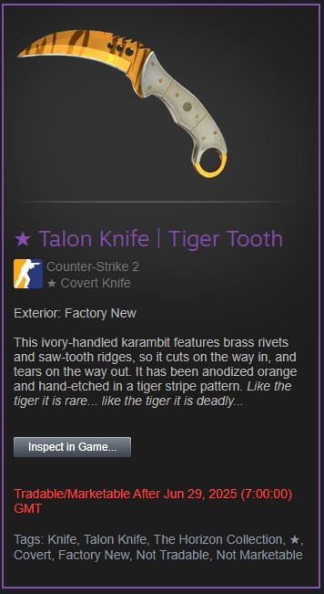 CS2/CSGO Talon Knife | Tiger Tooth - Factory New 0.0118, Video Gaming, Gaming Accessories, In ...
