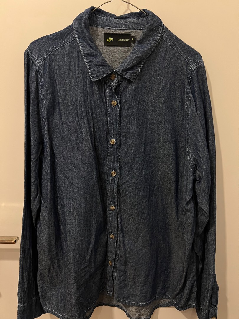 miss eighty denim shirt, Fesyen Wanita, Pakaian Wanita, Atasan di Carousell