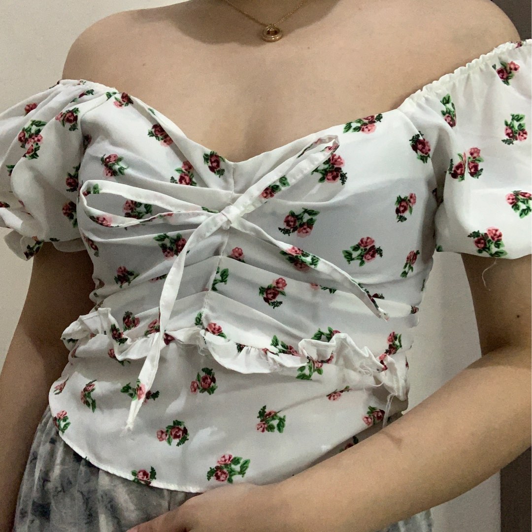 off shoulder sabrina flower korean crop top, Fesyen Wanita, Pakaian ...
