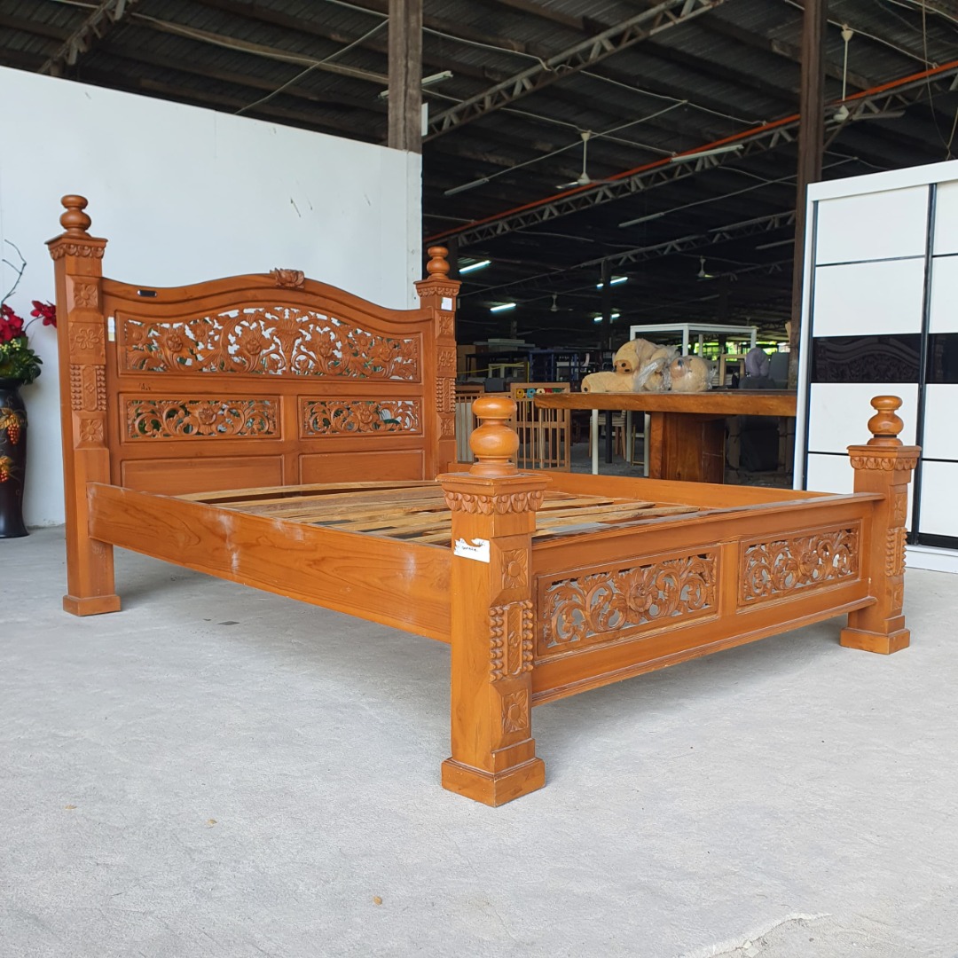 Teak Wood Queen Sized Bedframe | Rangka Katil Bersaiz Queen Kayu Jati ...