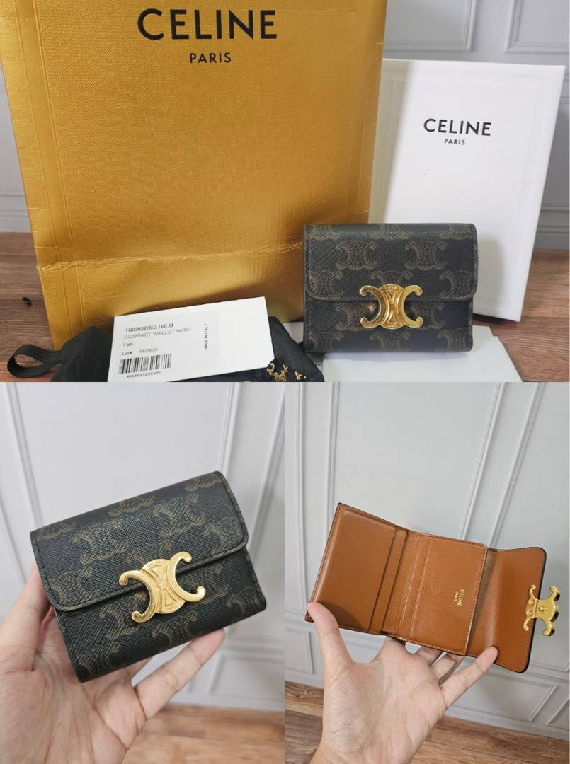 Celine triomphe compact wallet with coin (10x2x8cm) - Complete set with receipt 2024, Barang ...
