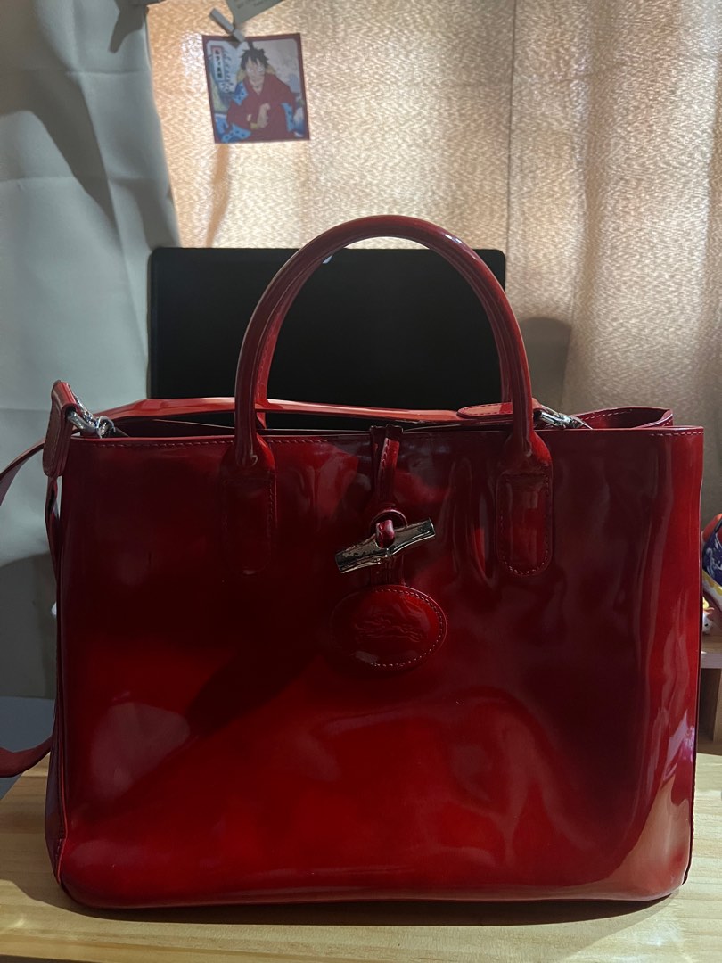 Longchamp Roseau Patent Leather Top Handle Red Glossy, Luxury, Bags ...