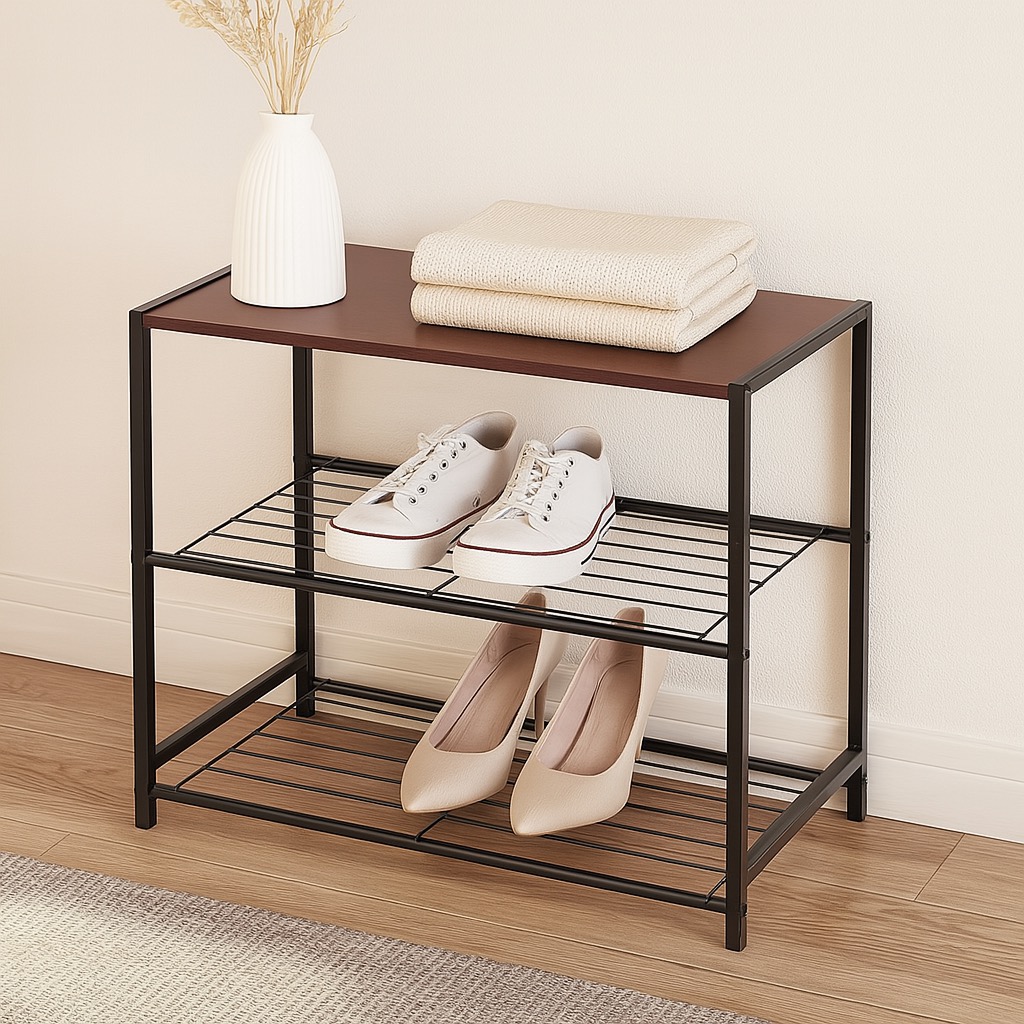 Metal Frame Shoe Rack Table | Two Layer Storage Table | Wooden Top ...