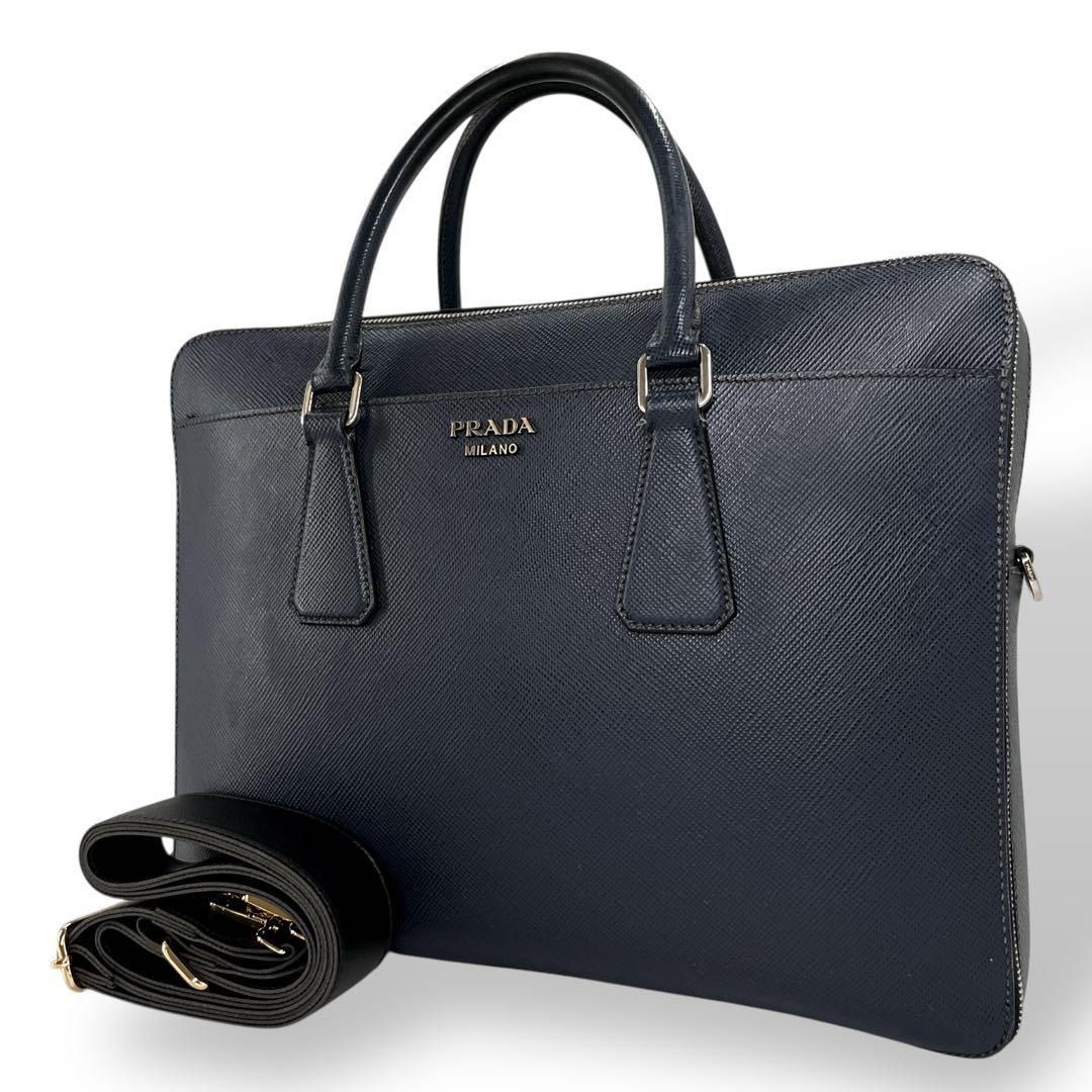 Authentic Prada 2way business bag briefcase saffiano leather navy blue A4 size, Luxury, Bags ...