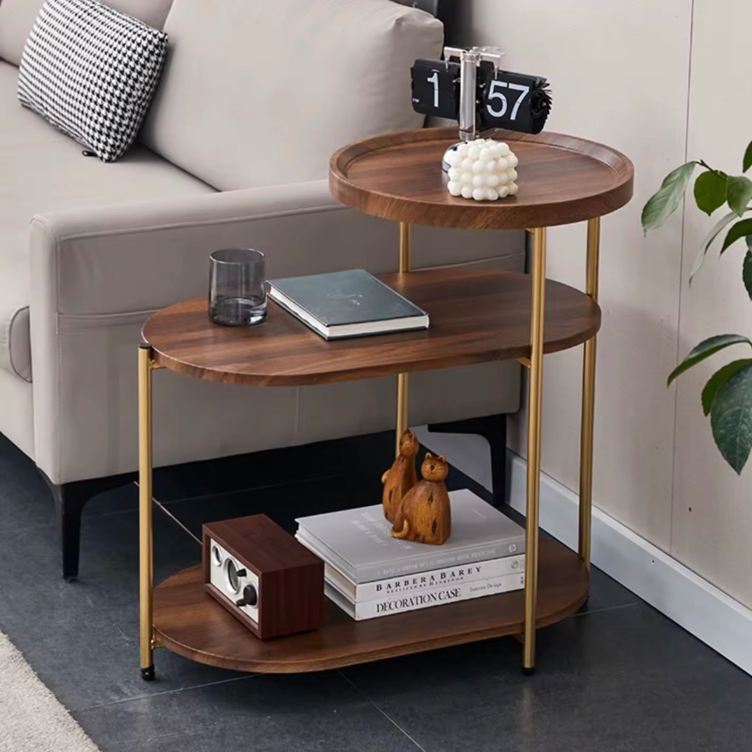Three-Tier Sofa Side Table | Oval Shelf Bedside Table | Multi-Layer Display Table | Wooden Frame ...