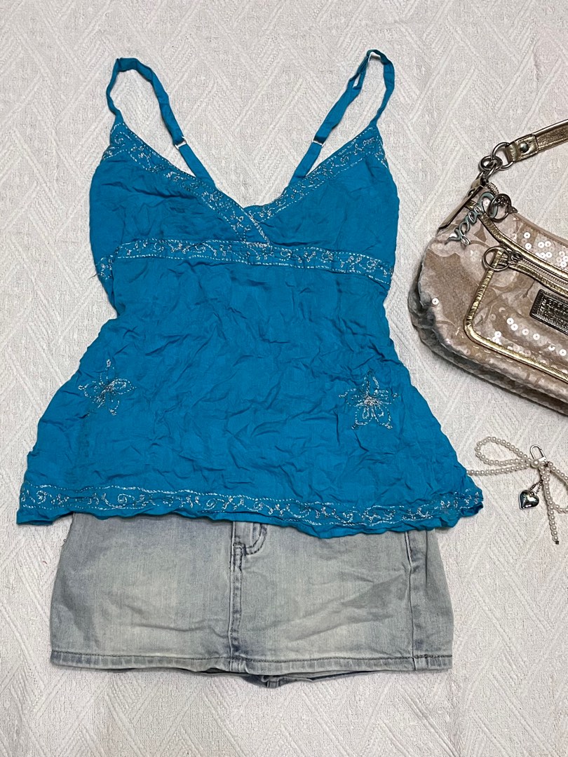 y2k vintage cyan bkue embroidered cami babydoll top | coquette mori kei ...