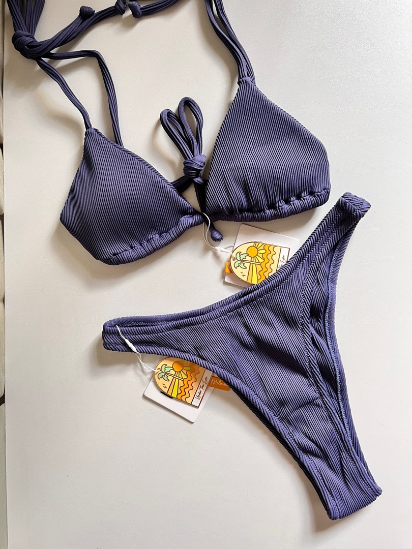 Branded Muted Dusty Purple Ribbed Texture Swimwear Bikini, Women's ...