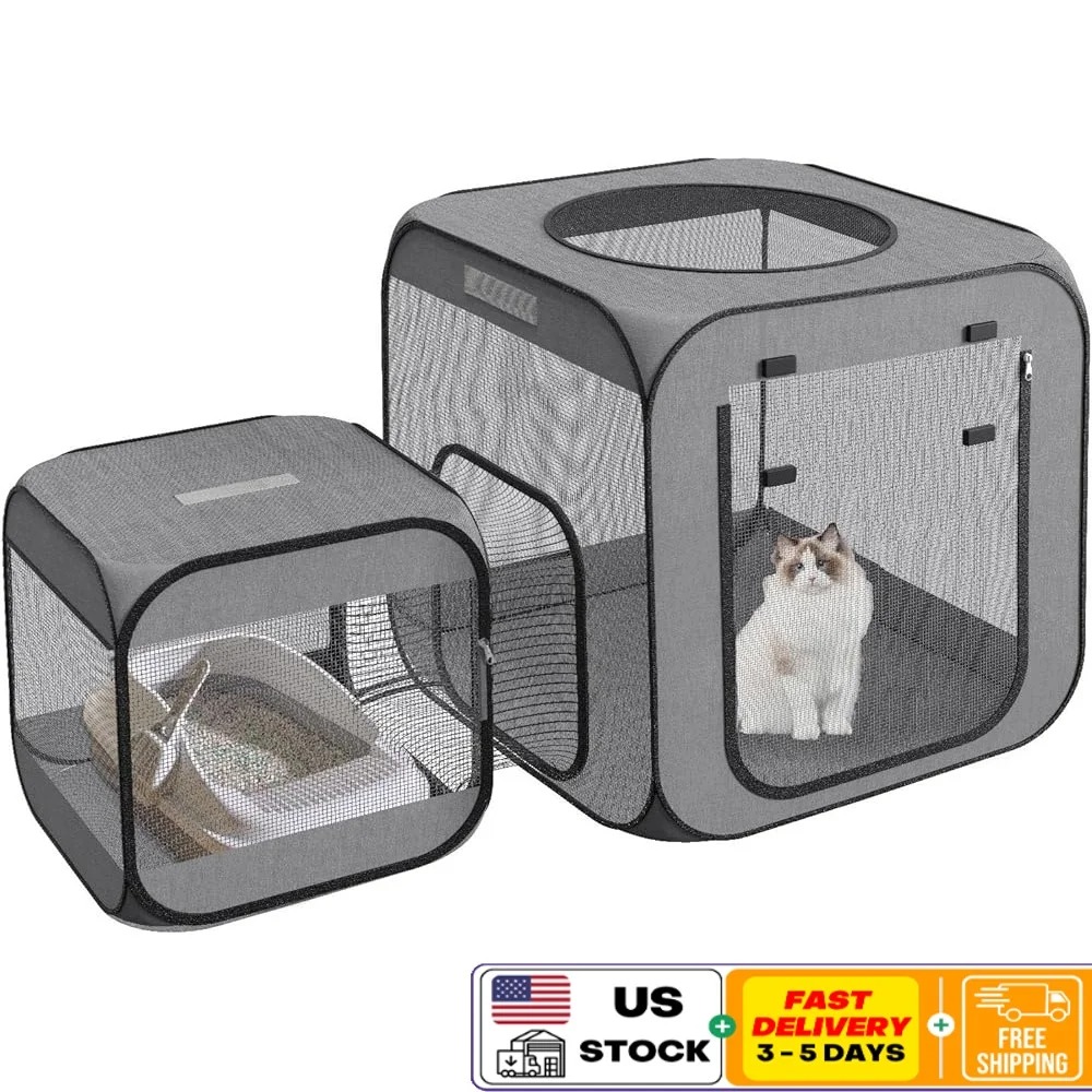 Portable Cat Cage Indoor Cube Design Foldable Cat Playpen Movable ...