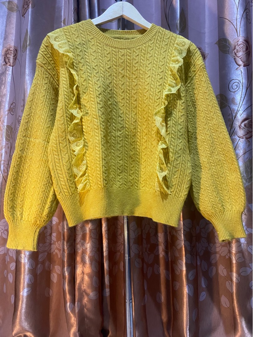 ruffled ruffle cable sweater crop knit atasan rajut puffy sleeves ...