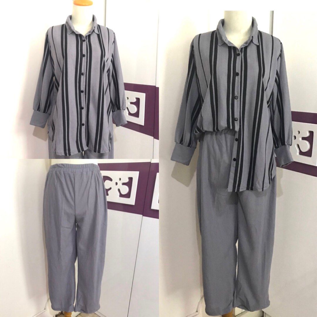 Setelan Celana Setcel Salur Abu abu Kemeja Bahan Knit Bukan Rajutan ...