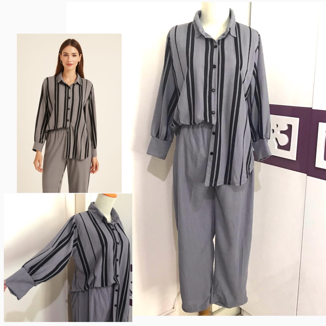 Setelan Celana Setcel Salur Abu abu Kemeja Bahan Knit Bukan Rajutan ...