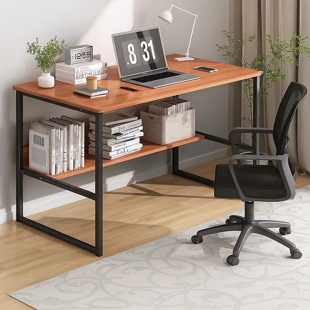 Office Writing Desk | Metal Frame Study Desk | Dual Shelf Computer Desk ...