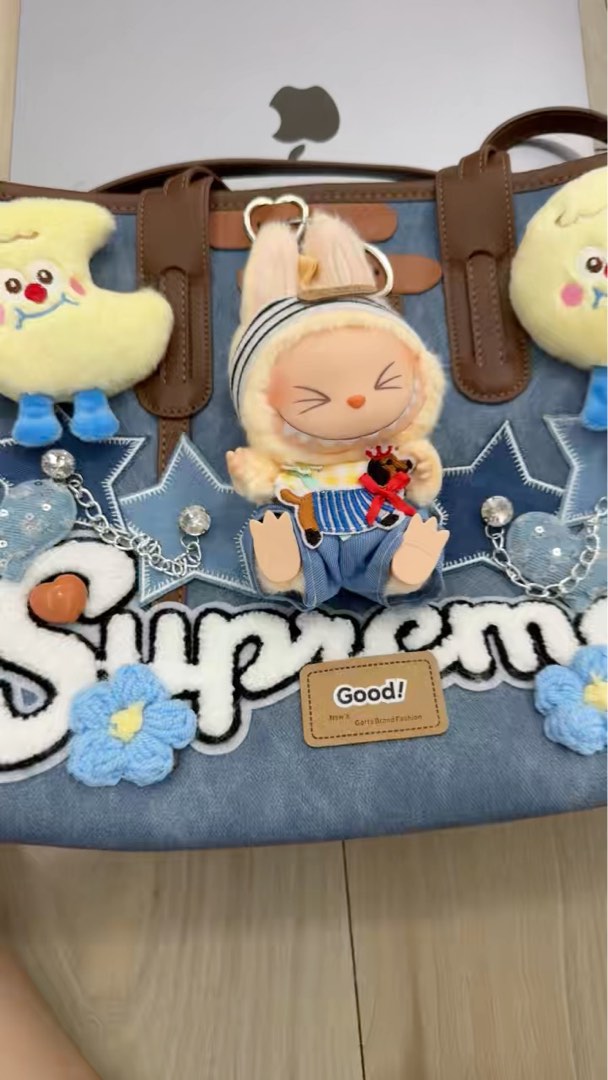Authentic Labubu Supreme Denim Tote Bag with Cute Bunny and Moon Charms ...