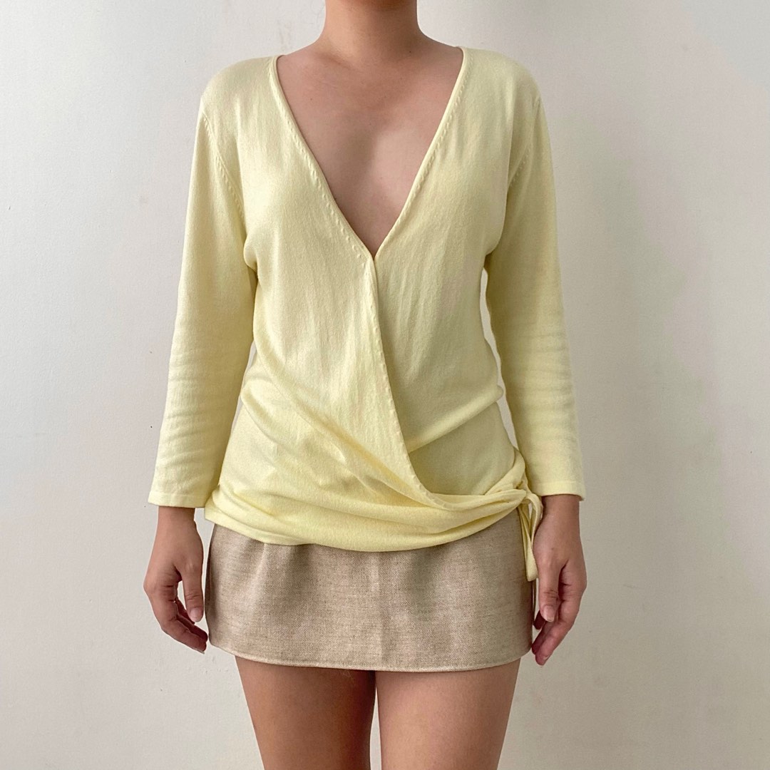 Butter yellow knit wrap top, Women's Fashion, Tops, Longsleeves on ...