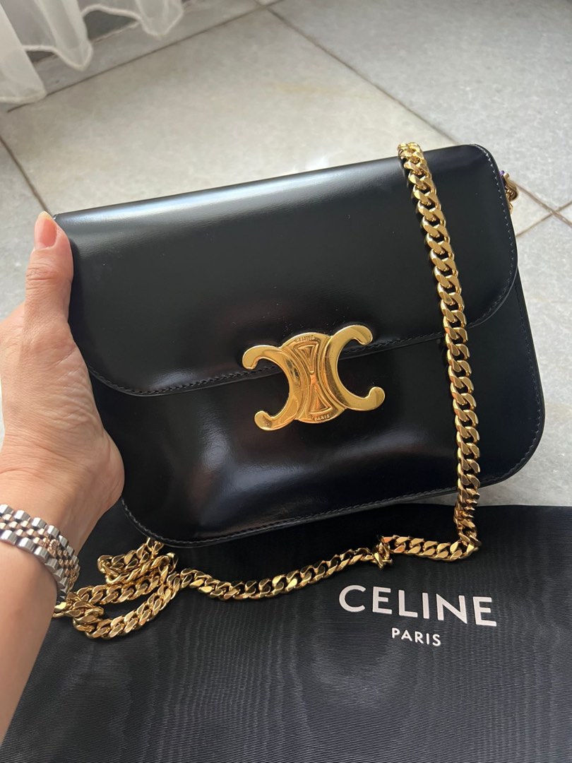 Celine College Triomphe Shiny Calfskin Shoulder Bag Black Ghw ...