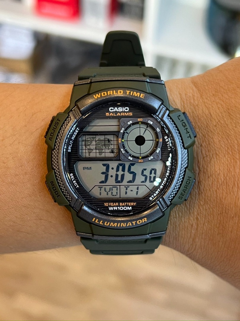 FREE SHIPPING!! ORIGINAL CASIO WORLD TIME DIGITAL ARMY GREEN RESIN BAND MEN'S WATCH AE-1000W-3A ...