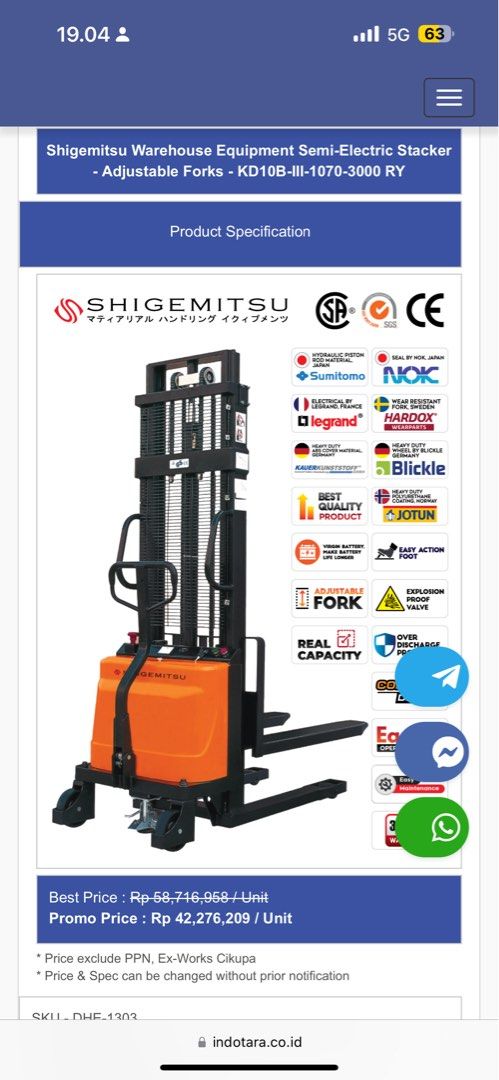 Hand Forklift Stacker Electric Full Otomatis 1000kg , shigetmisu KD10B, Elektronik, Lainnya di ...