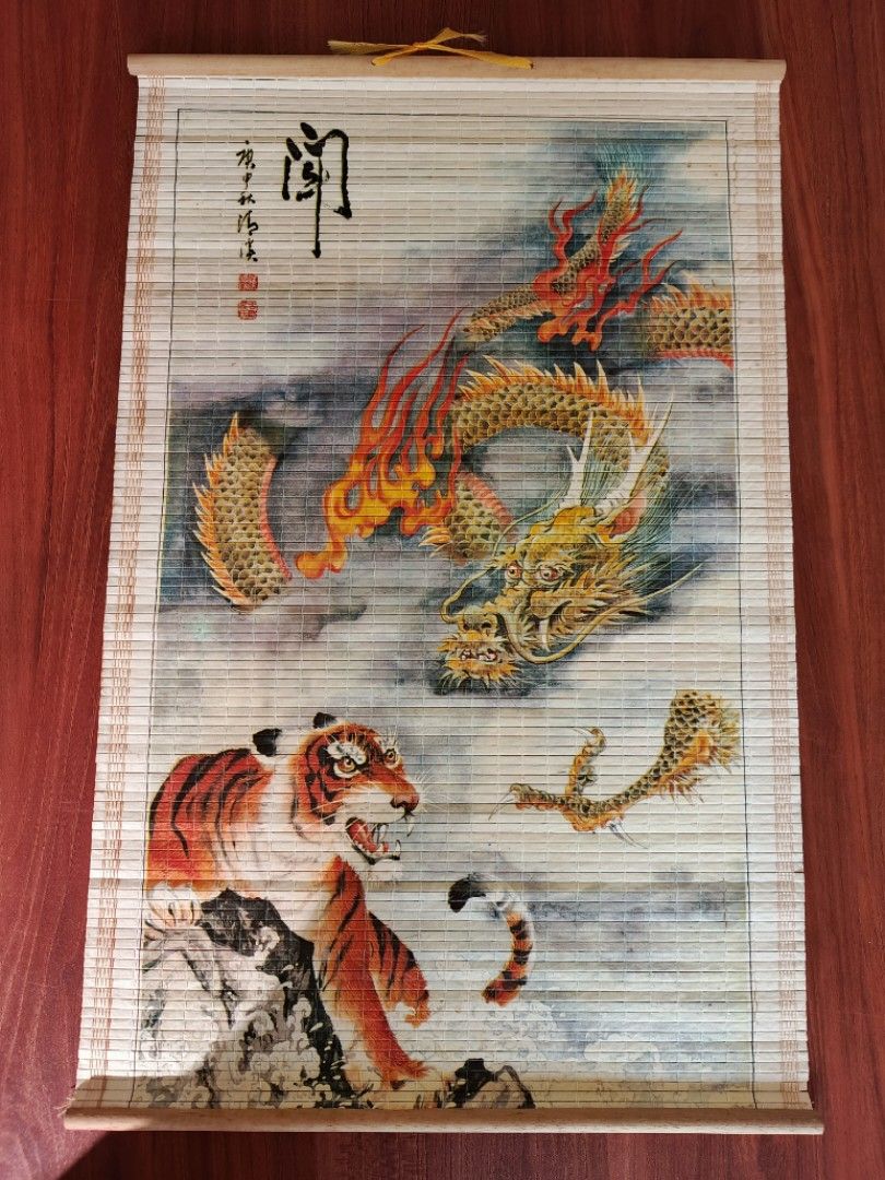 Hiasan Pajangan Dinding Antik Vintage Jadul Pada Bamboo Scroll Gulungan Bambu Gambar Naga dan ...