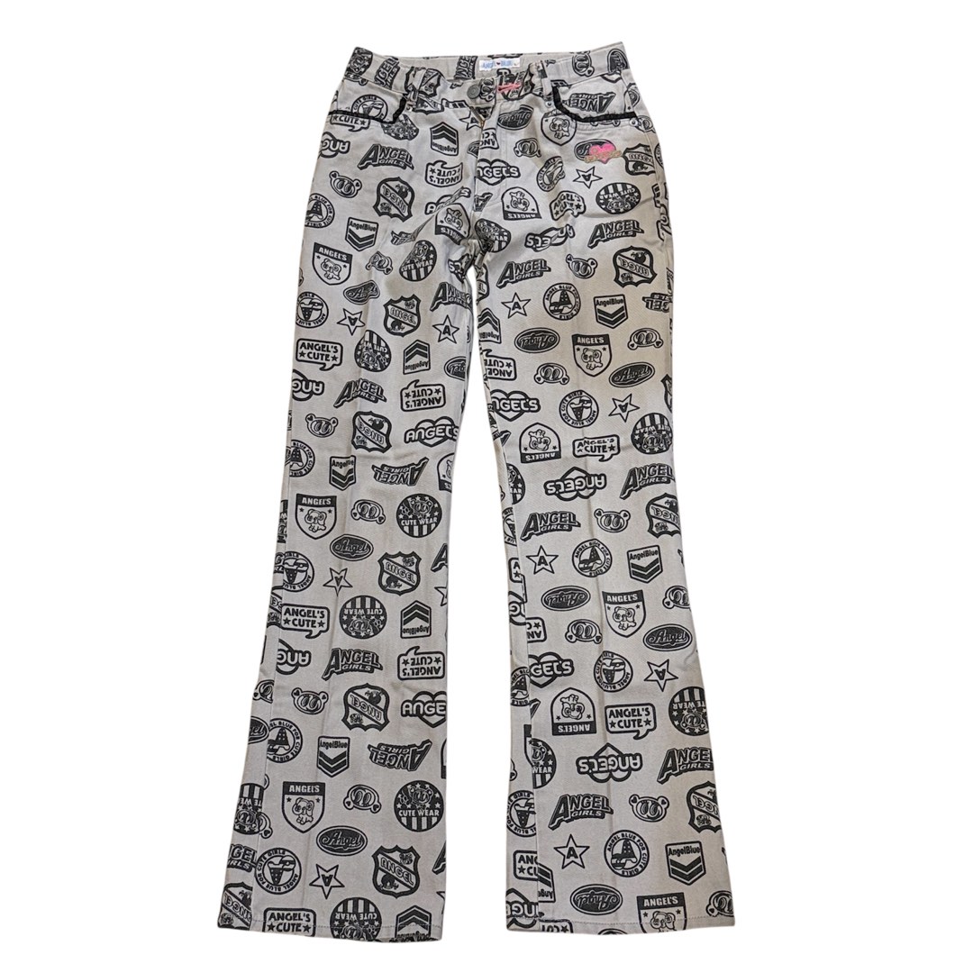Angel Blue Japan Grey Mascot All Over Print Denim Flare Pants, Fesyen ...