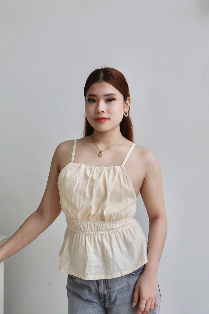 CREAM RUCHED TANK TOP DOUBLE LINING LINEN FABRIC, Women's Fashion, Tops ...