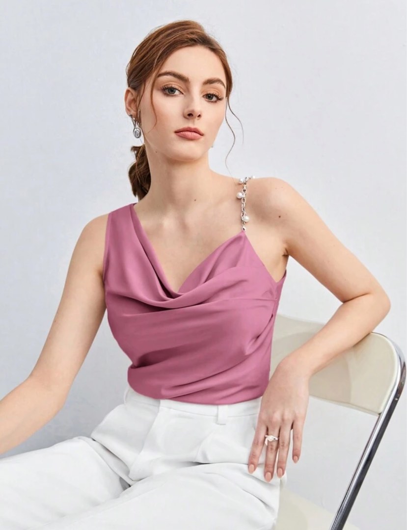 Pink Pearl Decor Chain Strap Draped Neck Sleeveless Satin Blouse, Women ...