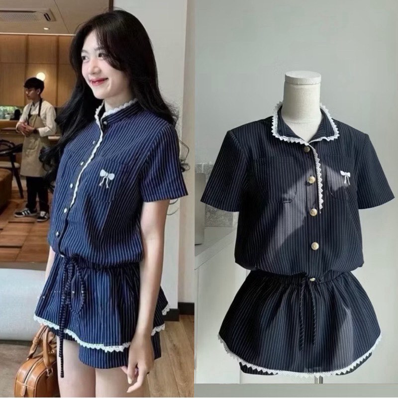 Set Korean Navy Blue Dress + Shorts, Fesyen Wanita, Pakaian Wanita ...