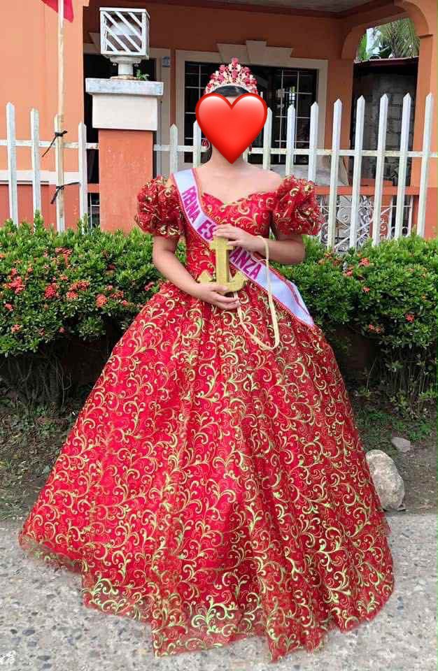 Red and Gold Ballgown Evening Gown Sagala Filipiniana Off Shoulder ...