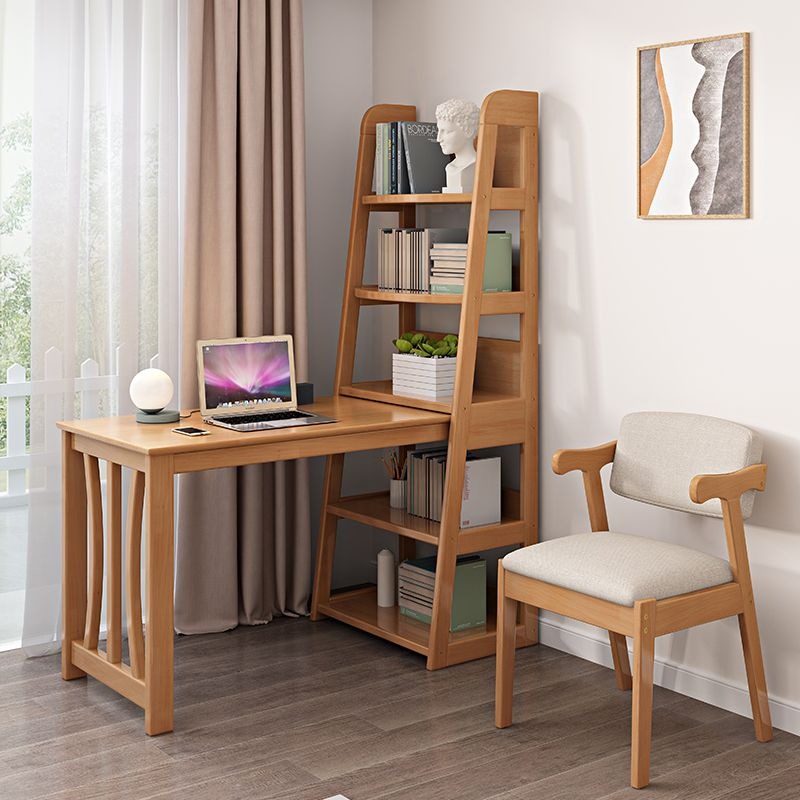 Solid wood desk bookshelf combination L-shaped desk computer chair ...