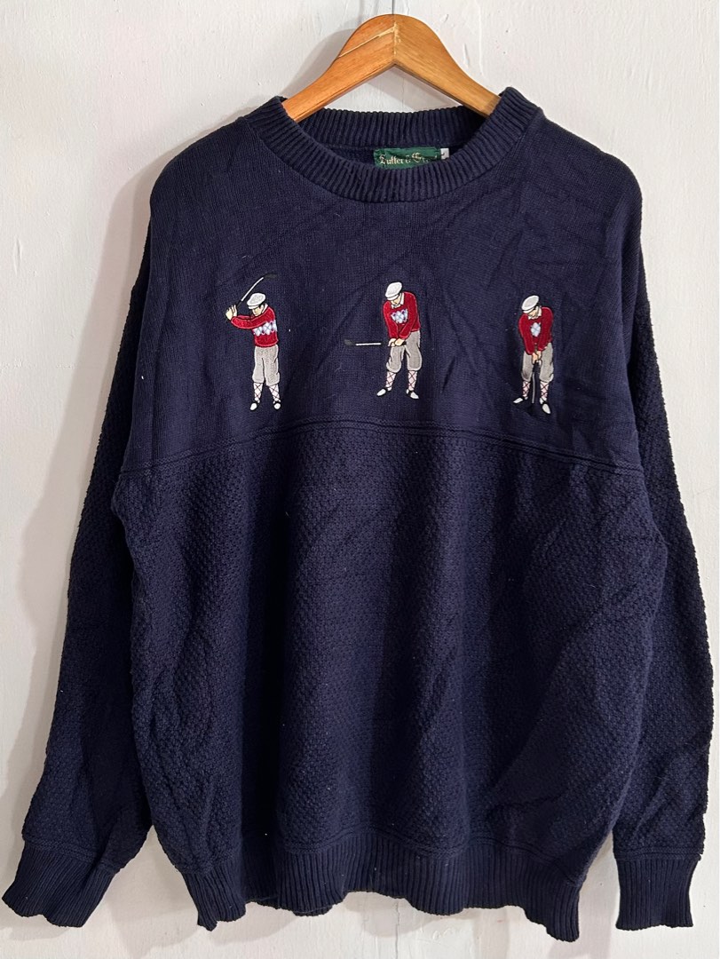 Vintage sutter and grand golfing pattern navy blue knitted sweater, Men ...