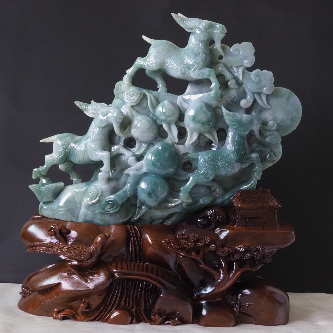 031 Three Goats Bringing Prosperity Jade Statue – Grade A Jadeite ...