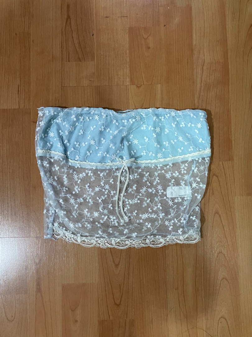 Floral Blue Mesh Lace Frill Tube Top, Women's Fashion, Tops, Blouses on ...